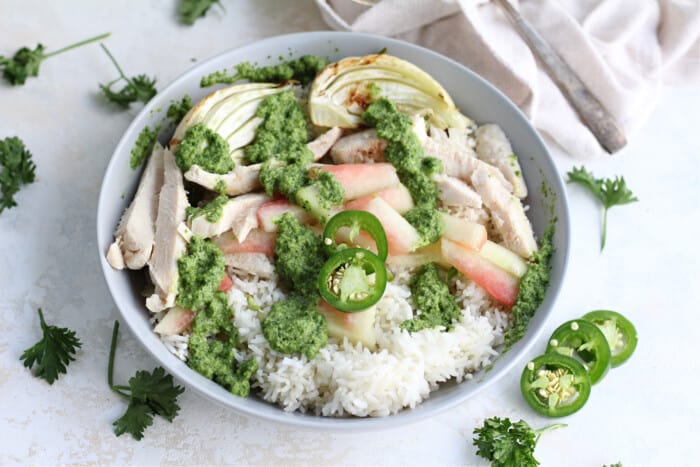 Chicken and Spicy Pickled Watermelon Rind Rice Bowls - Healthy Family ...