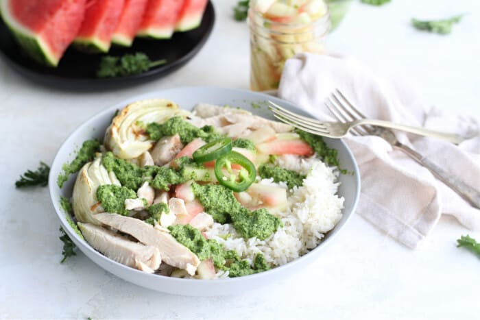 Chicken and Spicy Pickled Watermelon Rind Rice Bowls - Healthy Family ...